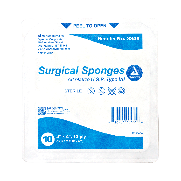 Dynarex Surgical Gauze Sponge - Sterile 10's, 4" x 4" 12 Ply, 128/10/c ...