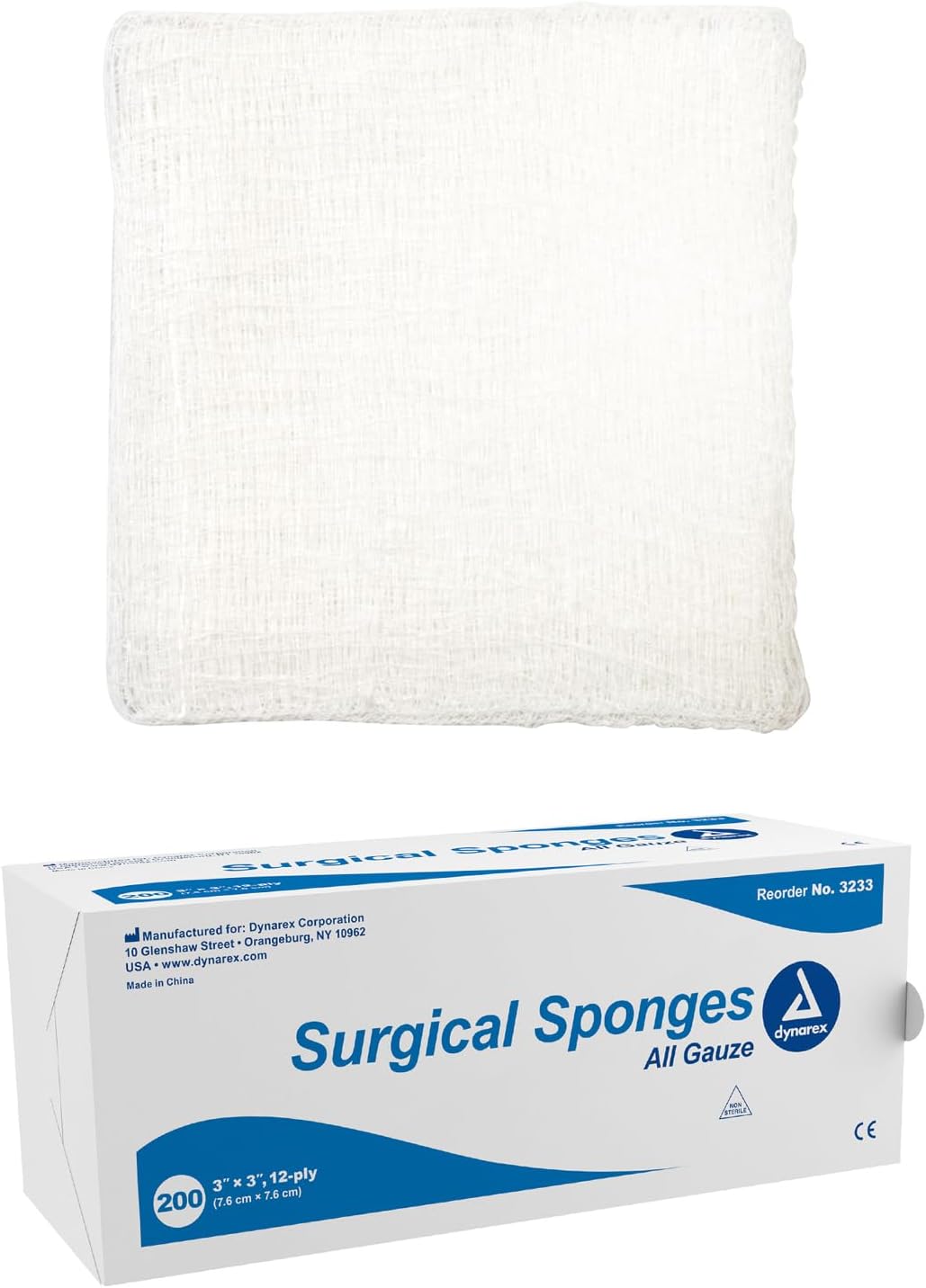 Dynarex Surgical Gauze Sponge, 3" x 3" 12 Ply 200ea/bx, 20bxs/cs (4000 ...